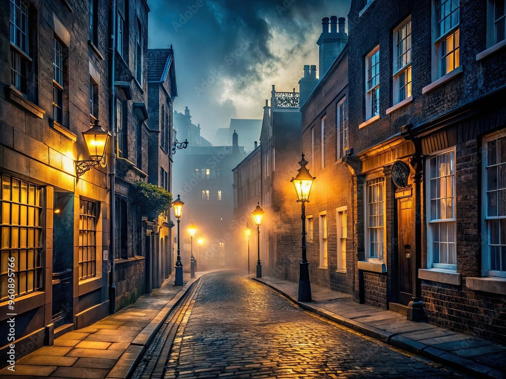 london city street dimly lit night fog rolling darkness ominous alleys flickering lanterns ...
