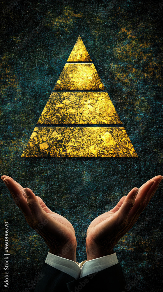 A person is holding up their hands to hold a pyramid. The pyramid is ...