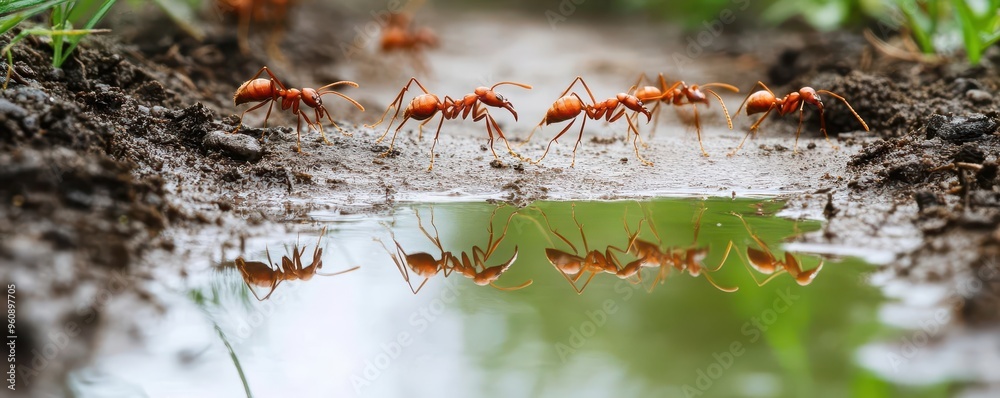 Ants marching across a wet, muddy trail after a rainstorm, with ...