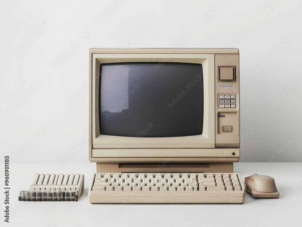 vintage computer setup with bulky crt monitor and chunky keyboard on ...