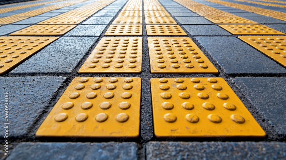 yellow tactile tiles are installed on outdoor pedestrian walkways to ...