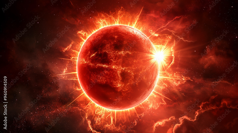 Fiery red planet glowing in deep space, solar explosion concept ...