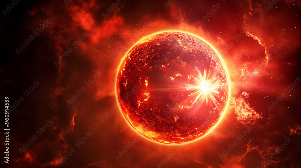 Fiery red planet glowing in deep space, solar explosion concept ...