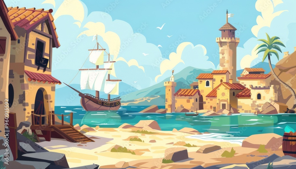 Harbor view. Medieval port. Old world charm. Medieval cityscape ...