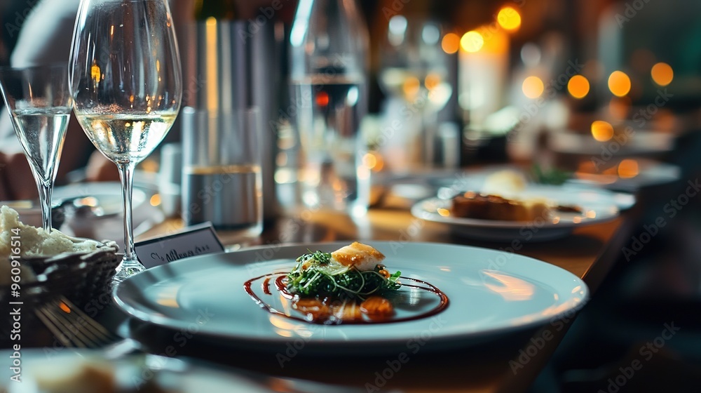 gourmet dinner with multiple courses, each beautifully plated and ...