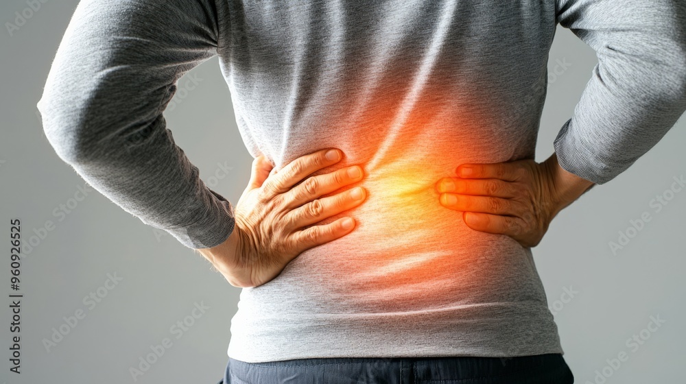 Portrait of a person rubbing their lower back in pain, representing ...