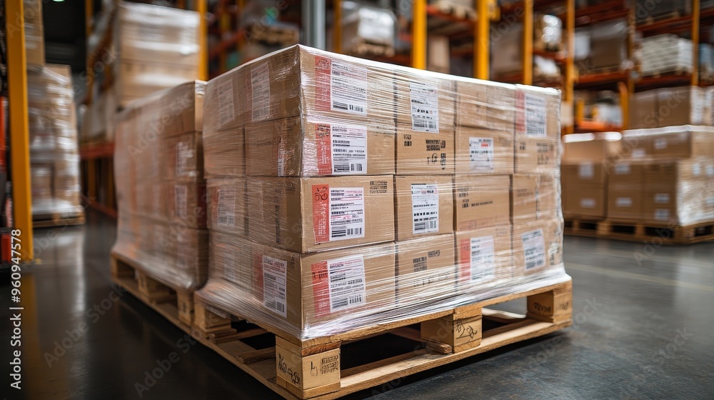 Industrial setting, a pallet packed with boxes of fragile goods ...
