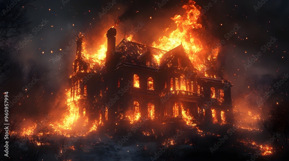Old mansion in flames, the night sky illuminated by the inferno, ash ...