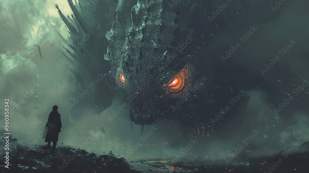 A lone figure stands before a massive, imposing creature with glowing ...