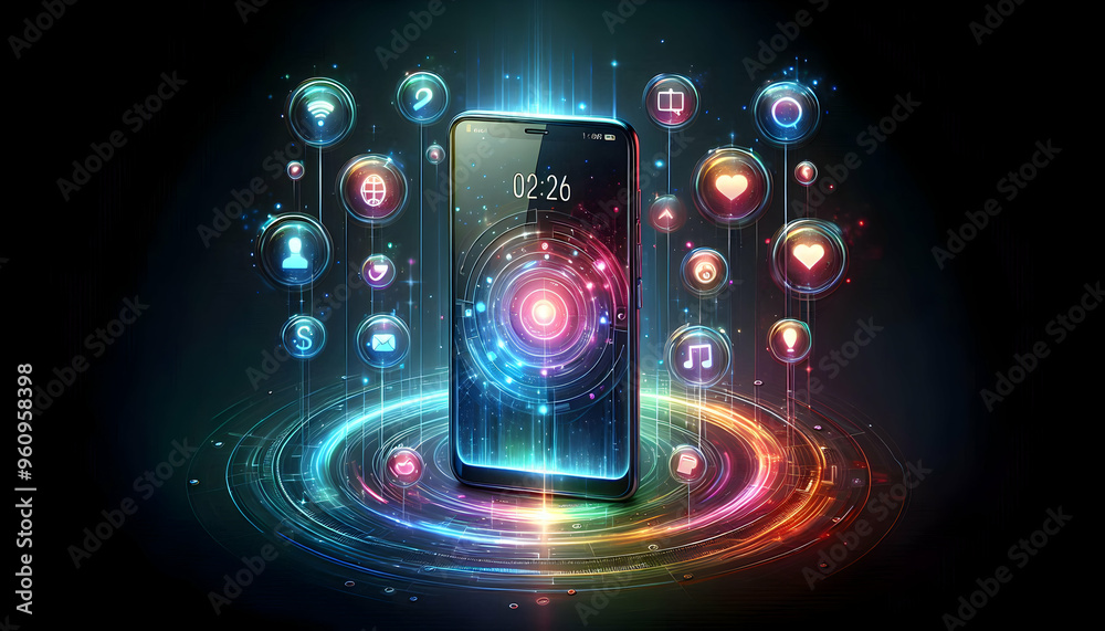 Cutting Edge Smartphone with Floating Holographic App Icons - Vibrant ...