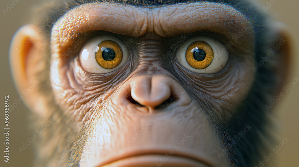 closeup of an animated chimpanzee with an intense expression, wide ...