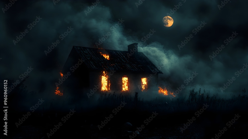 A house on fire, flames illuminating the night, with the moon peeking ...
