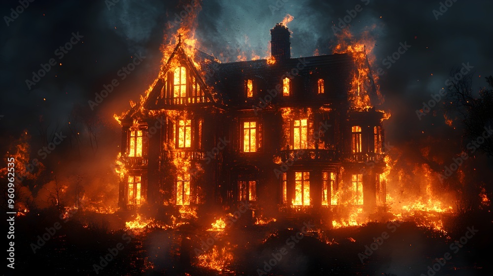 Gothic Victorian house burning intensely, dark night backdrop ...