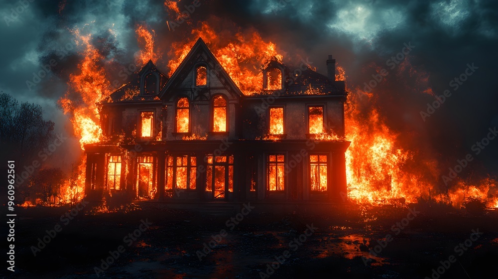 Gothic Victorian house burning intensely, dark night backdrop ...