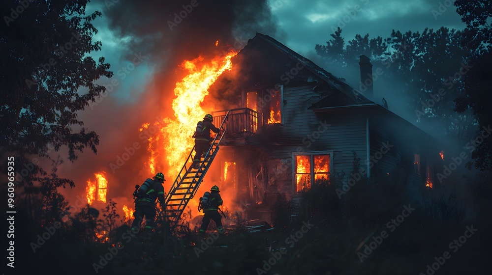 Firefighters in action, climbing ladders to a burning house, night ...
