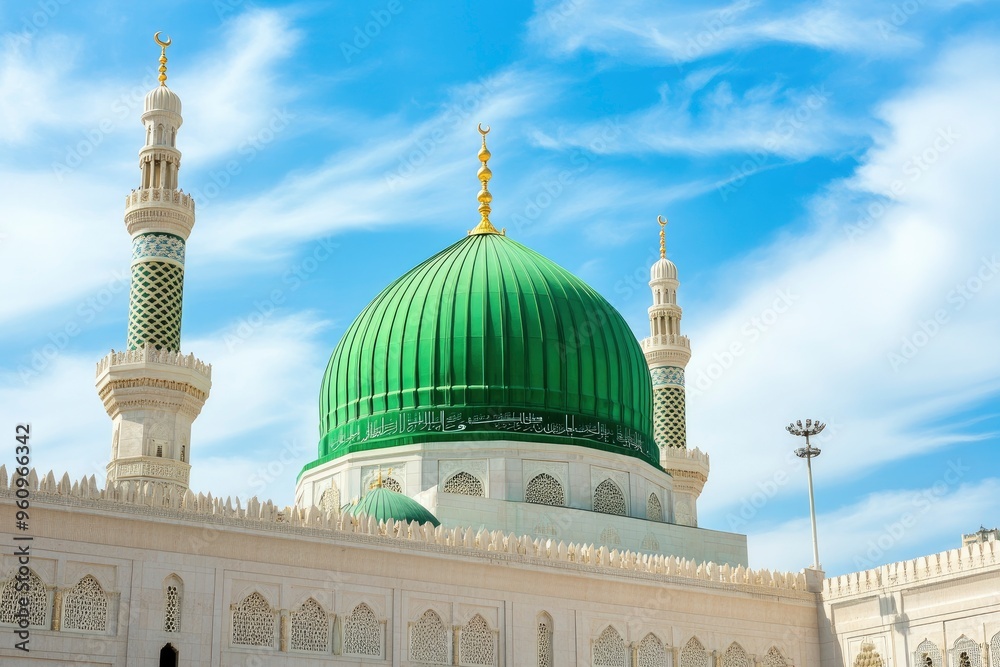 The Green dome of The Prophet's Mosque or Al Masjid Al Nabawi, a major ...