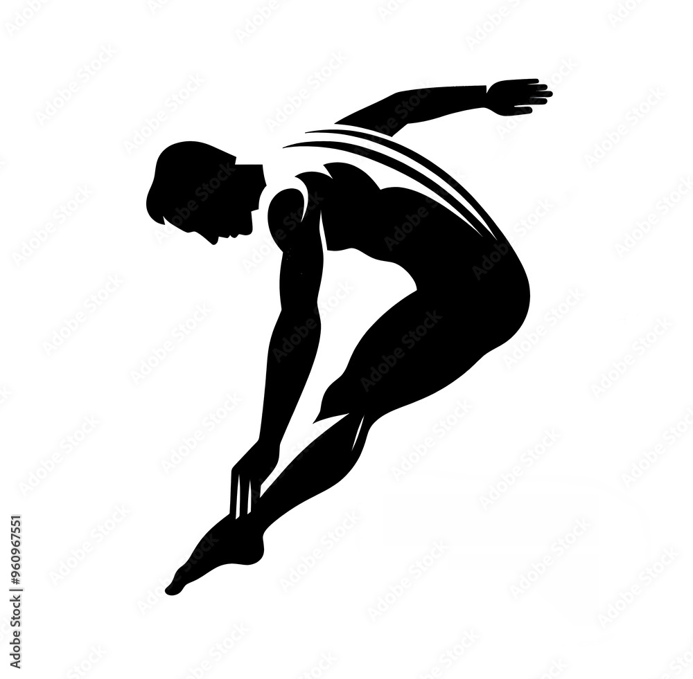Isolated black and white vector illustration of a diver performing a ...