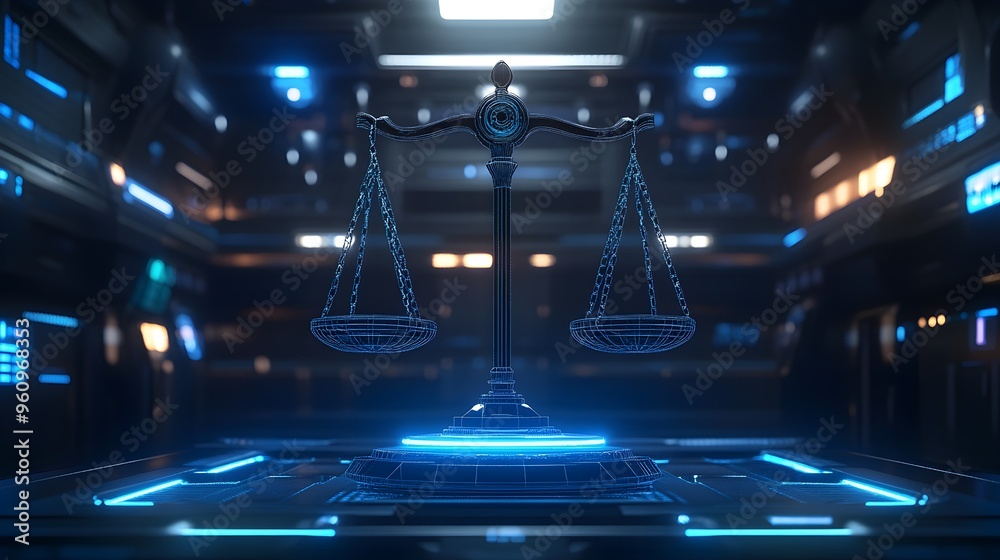 Digital scale with laser-cut precision weights, glowing in a futuristic ...
