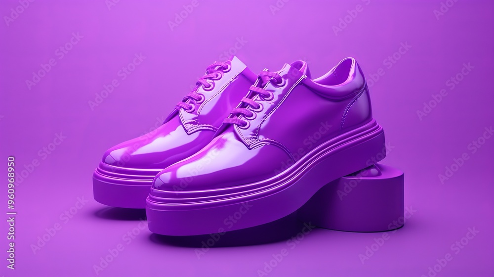A pair of shiny purple shoes are artfully displayed on a minimalist ...