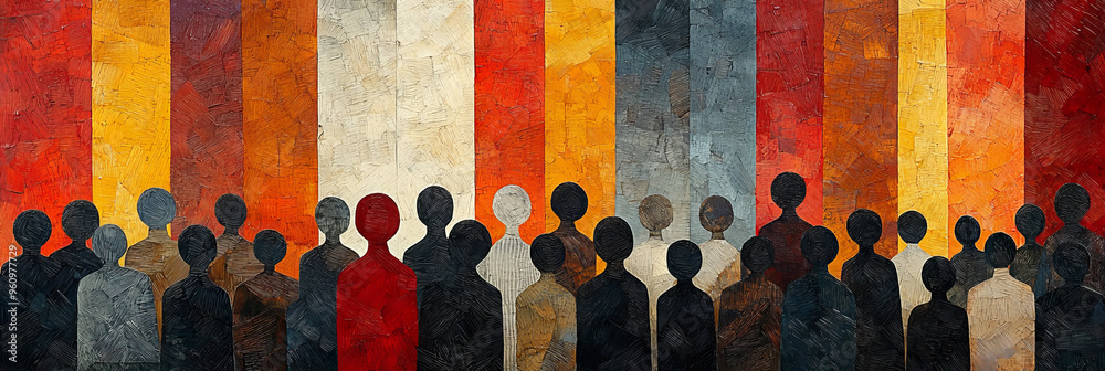 Abstract art depicting a group of people with warm colors in the ...