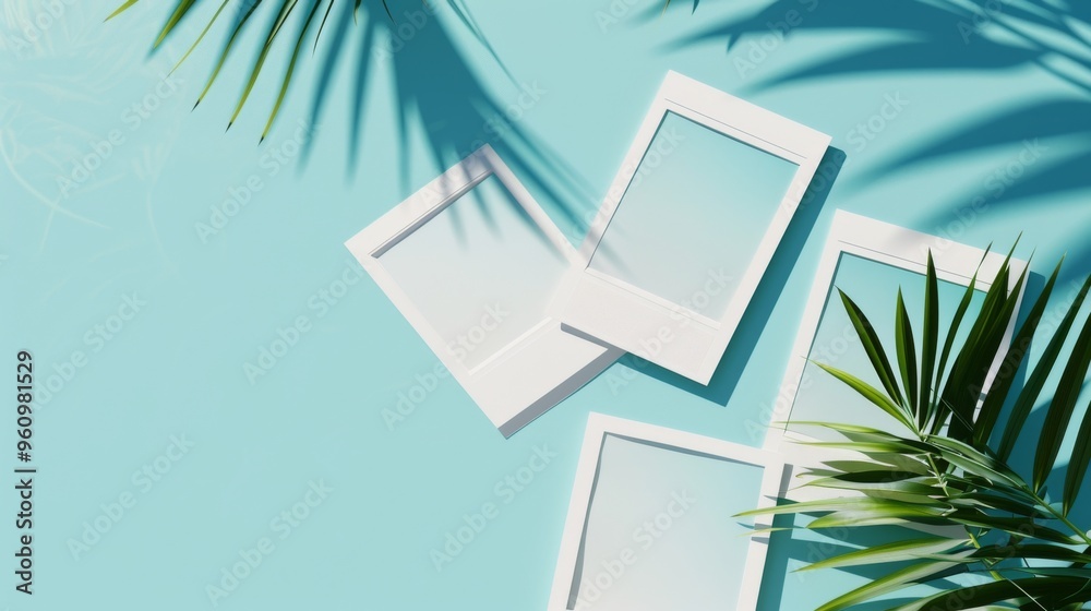 Overhead view of three blank instant photo frames arranged on a ...