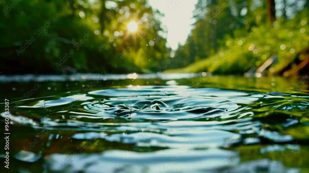 Water drop falling into a still pond in a forest creating ripples and ...