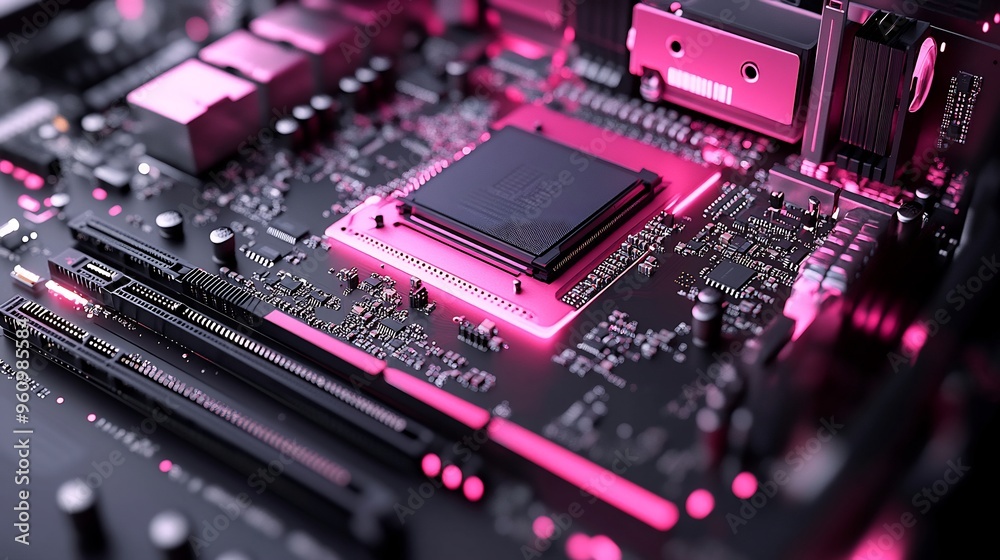 Labeled diagram showing main hardware components of a computer system CPU GPU RAM motherboard ...