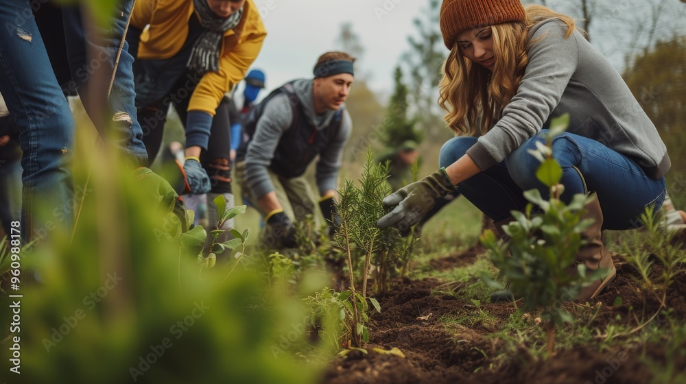 A diverse group of volunteers planting saplings in a community garden ...