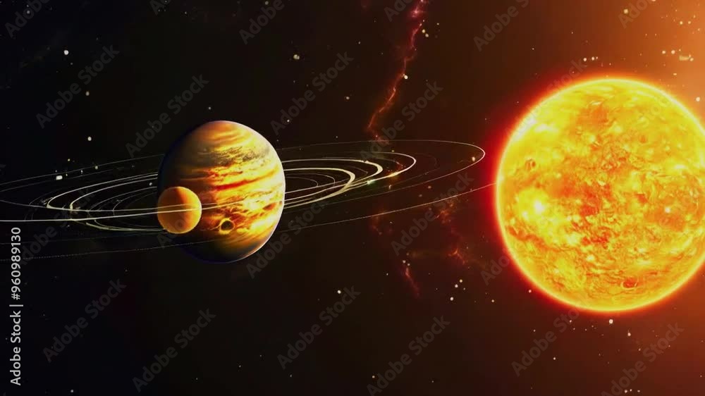A detailed illustration of the solar system, featuring the sun, Jupiter ...