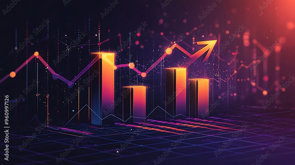 An upward trend bar chart with an arrow and data visualization reflects ...