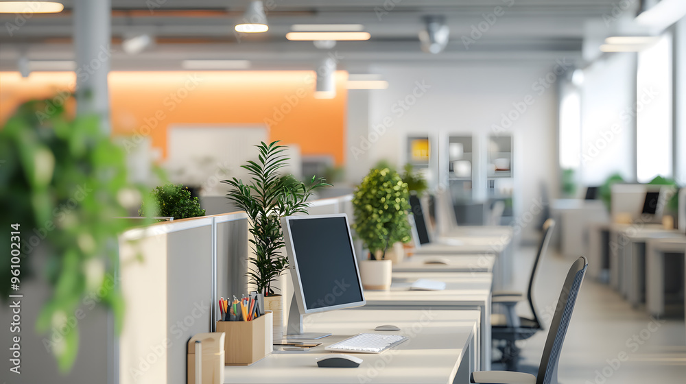 Spacious open-plan office with organized cubicles, bright lighting, and ...