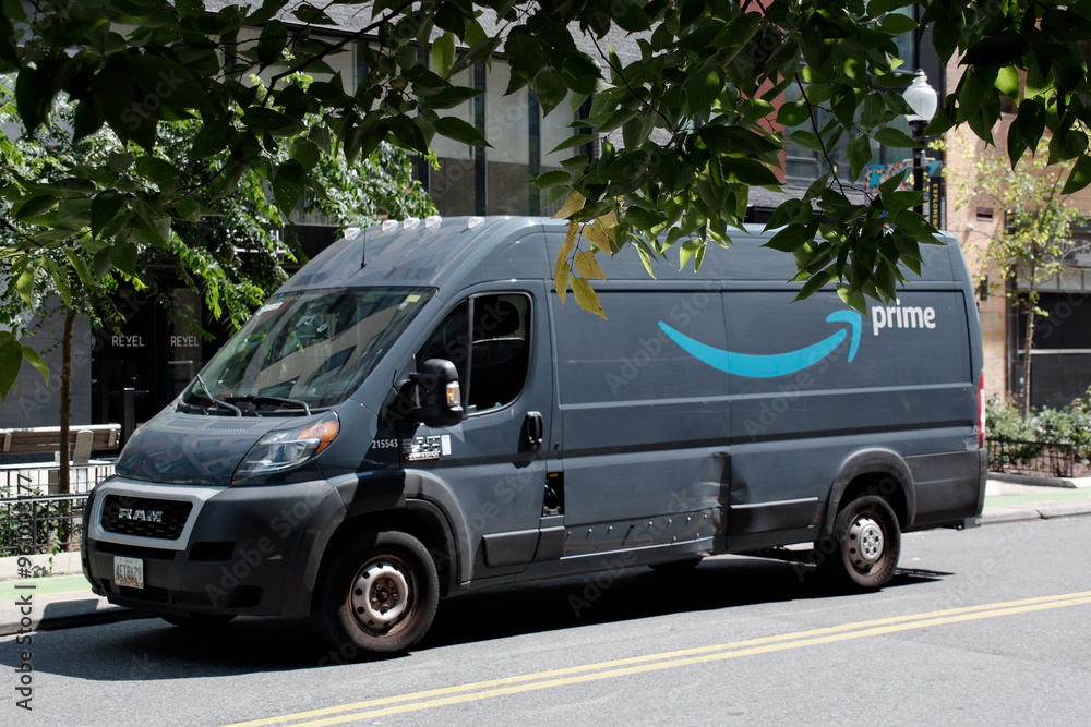 Amazon delivery truck with body damage parked on a Washington, DC ...