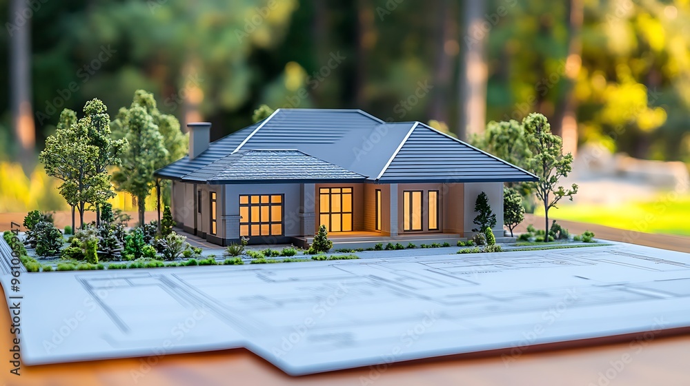 Architectural model of single-story house with landscaping Stock Photo ...