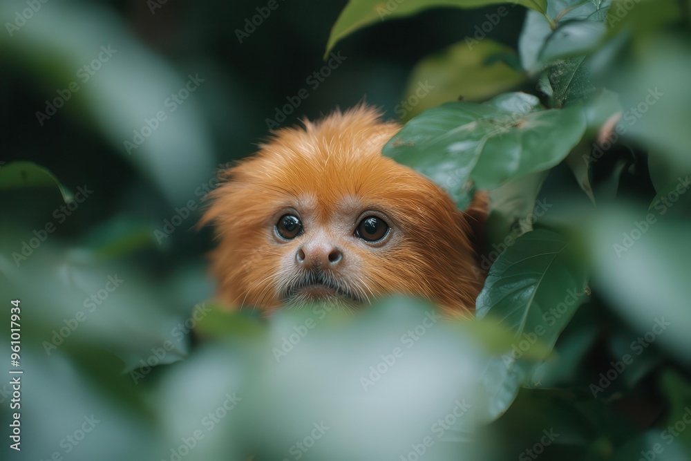 Golden lion tamarin playing in dense jungle foliage, a rare primate ...