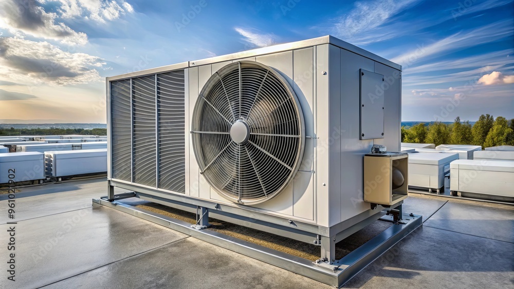Rooftop condenser unit of industrial HVAC system with motor, pump, and ...
