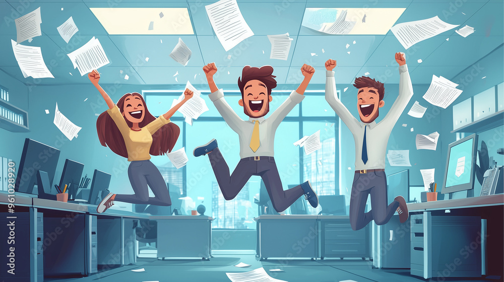 Cartoon characters in an office celebrating a successful deal, with one ...