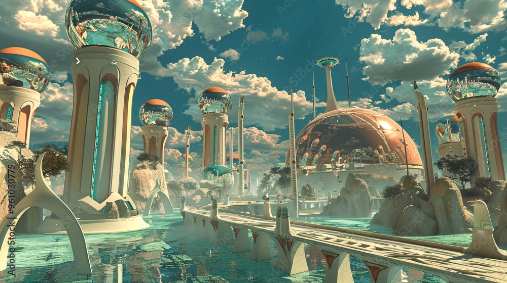3D visualization of a space colony with domes and futuristic structures ...