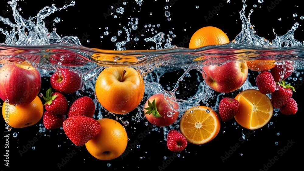 Falling fruit, fruits with water drops, falling water, apples with ...
