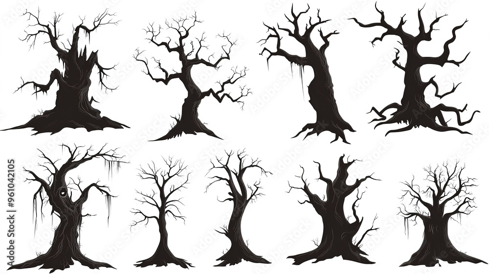 Haunted trees vector cartoon illustration. Collection of eerie, bare ...