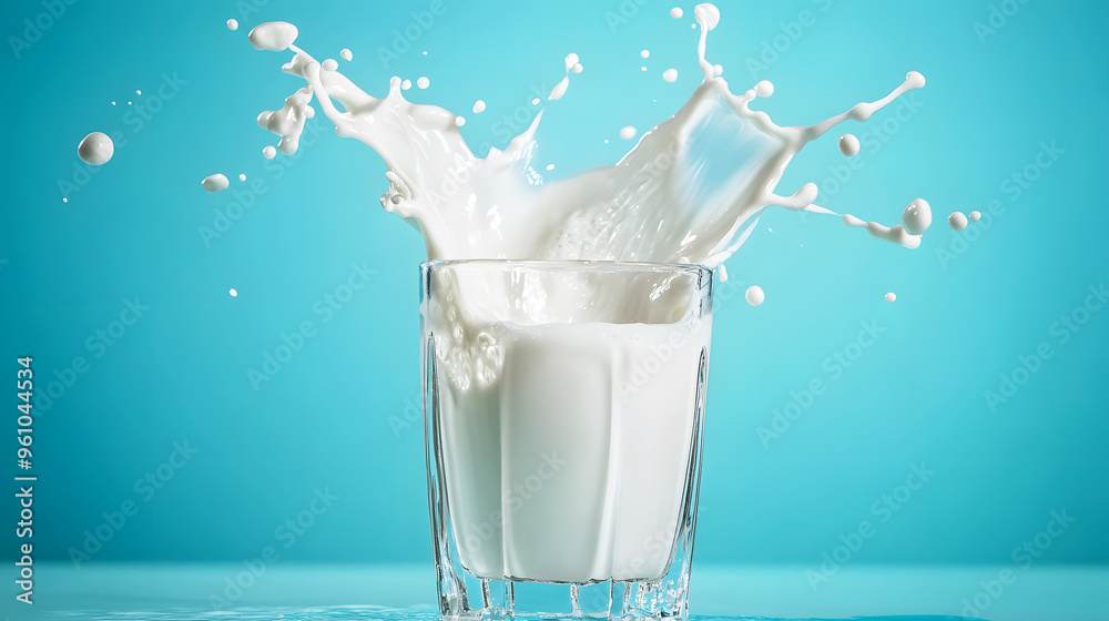 powerful burst of milk splashing out of a glass, the liquid spreading ...