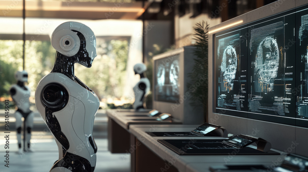 Futuristic office with AI robots interacting at holographic ...