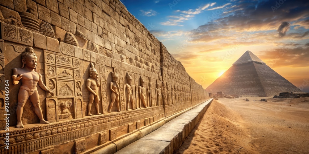 Hieroglyphs on an ancient stone wall, pyramids, created with generative ...