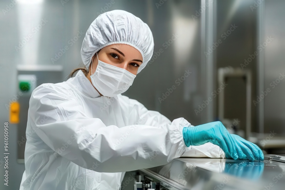 Cleanroom worker preparing silicon wafers for microprocessor ...