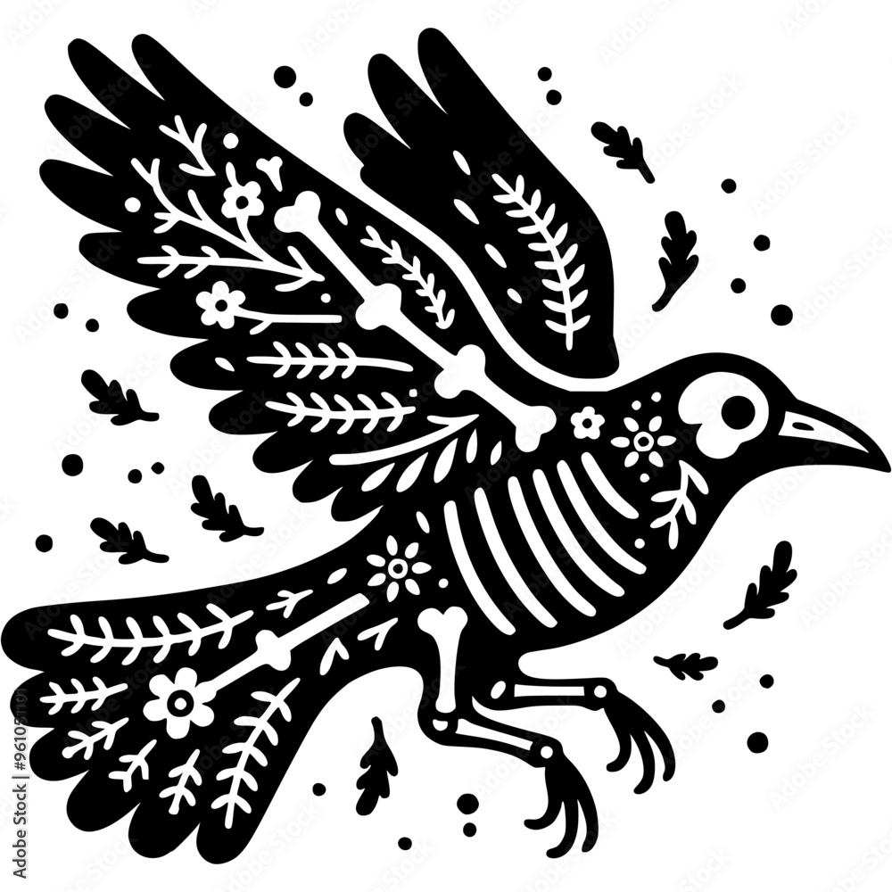 Silhouette of flying raven skeleton is decorated with Mexican floral ...