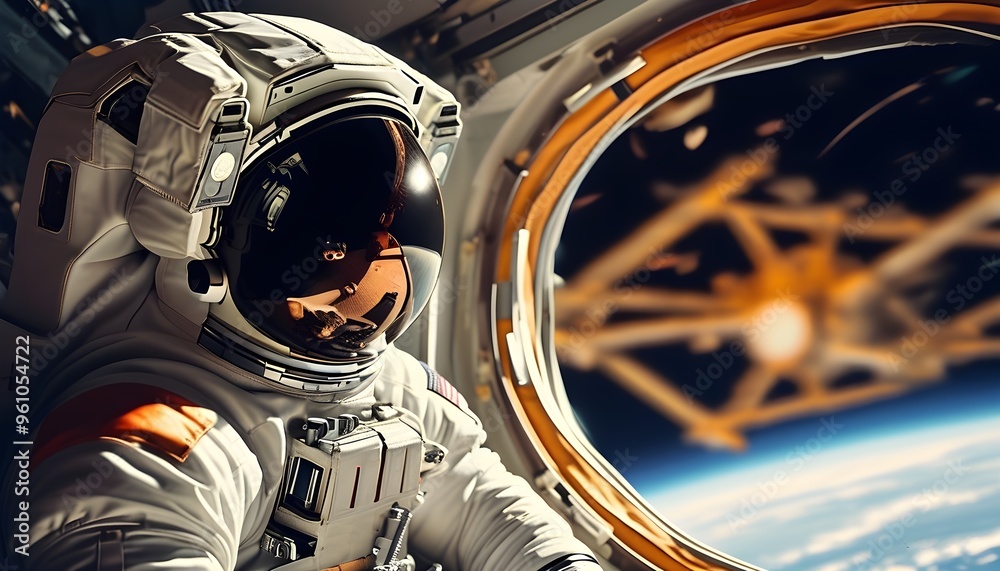 Astronaut gazing at Earth from a spaceship window while floating in the ...