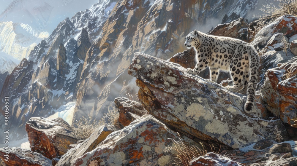 A mysterious snow leopard roams the rugged terrain of the Himalayas ...