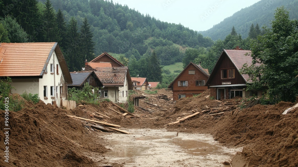 Devastating landslide with houses collapsing under the force of sliding ...