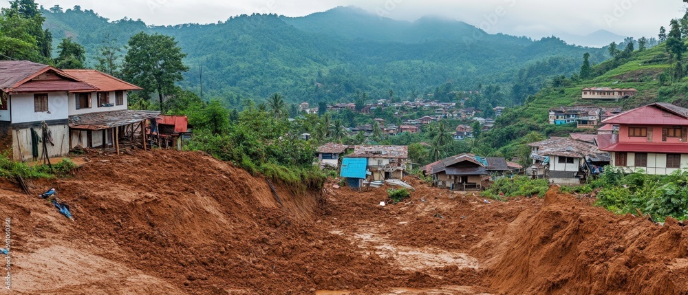 Landslide in a tropical region caused by heavy rainfall hills sliding ...