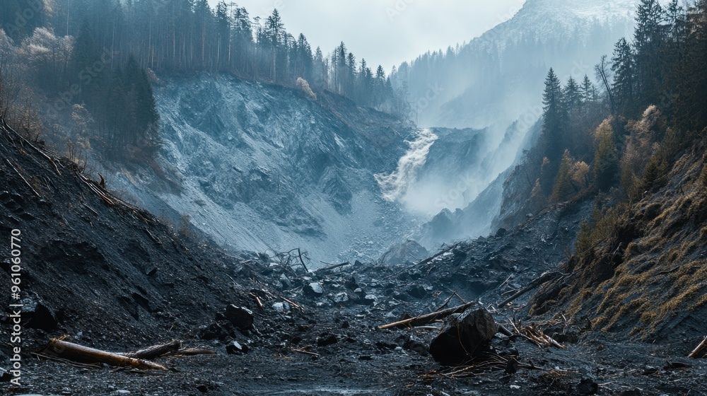 Massive landslide with collapsing mountainside crushing trees and rocks ...