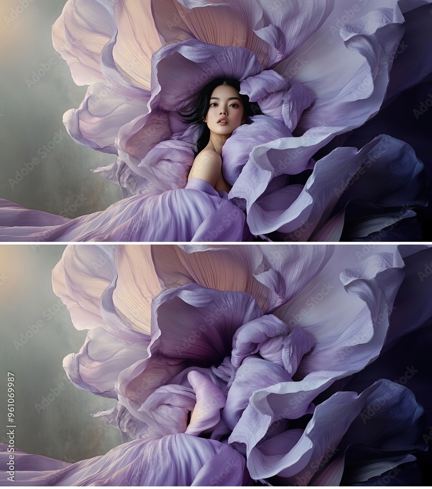 backdrop for a woman gracefully posed within layers of soft purple ...